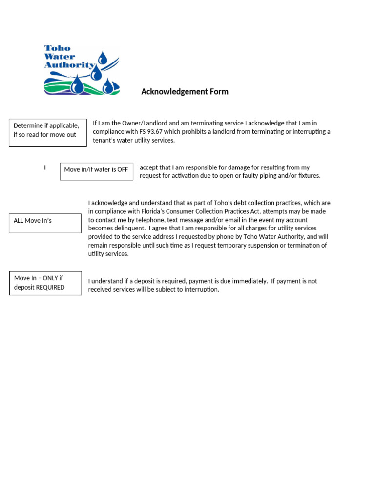 TOHO Water Authority Acknowledgement Form | PDF
