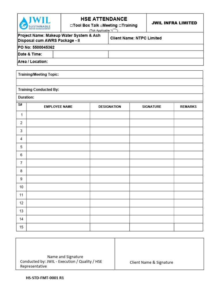 HSE Attendance - Toolbox, Meeting, Training | PDF