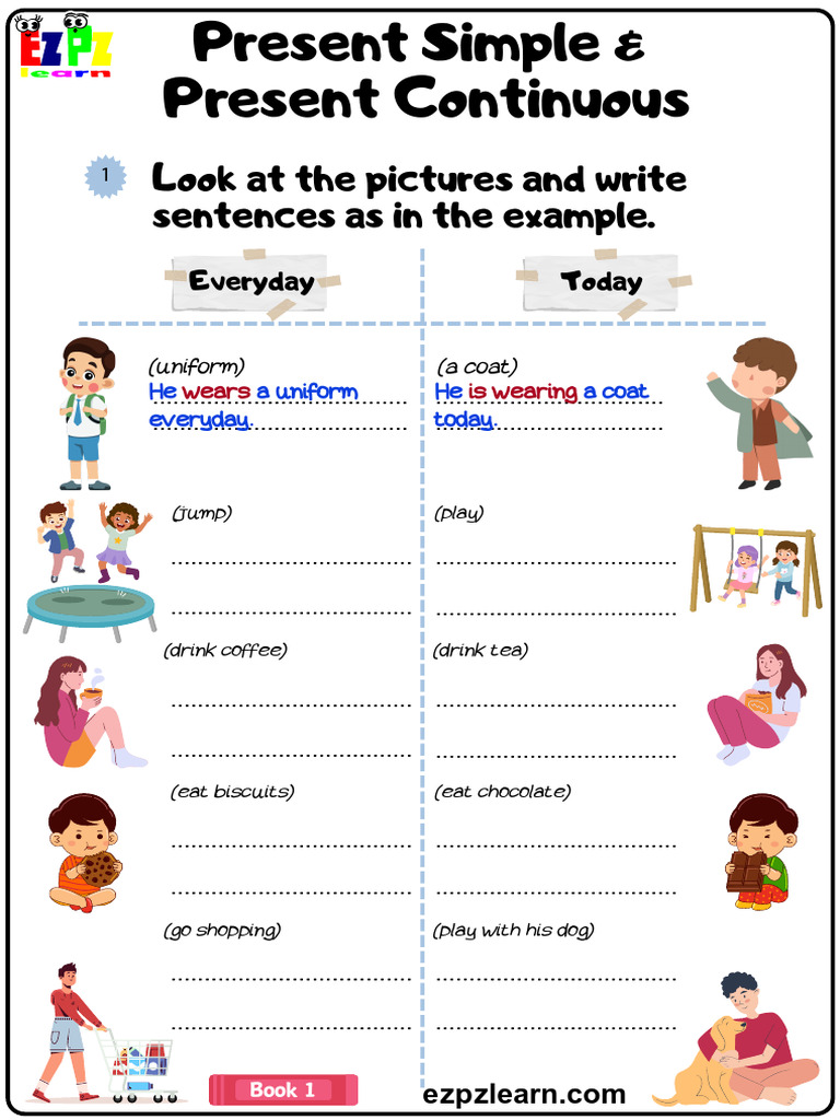 Present Simple and Continuous Look at The Pictures and Write | PDF | Drink