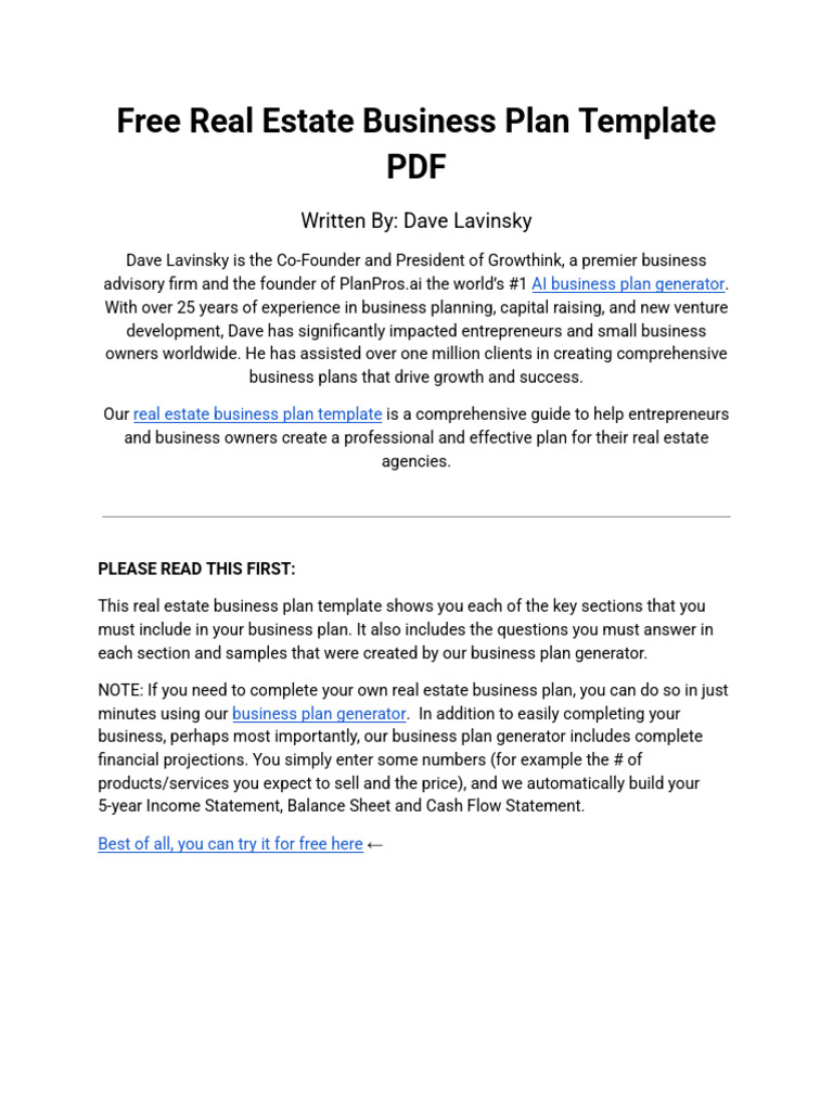 Free Real Estate Business Plan Template | PDF | Marketing | Renting