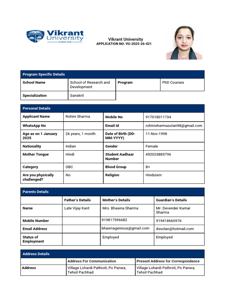 PHD Form Vikrant Unive 2025 | PDF