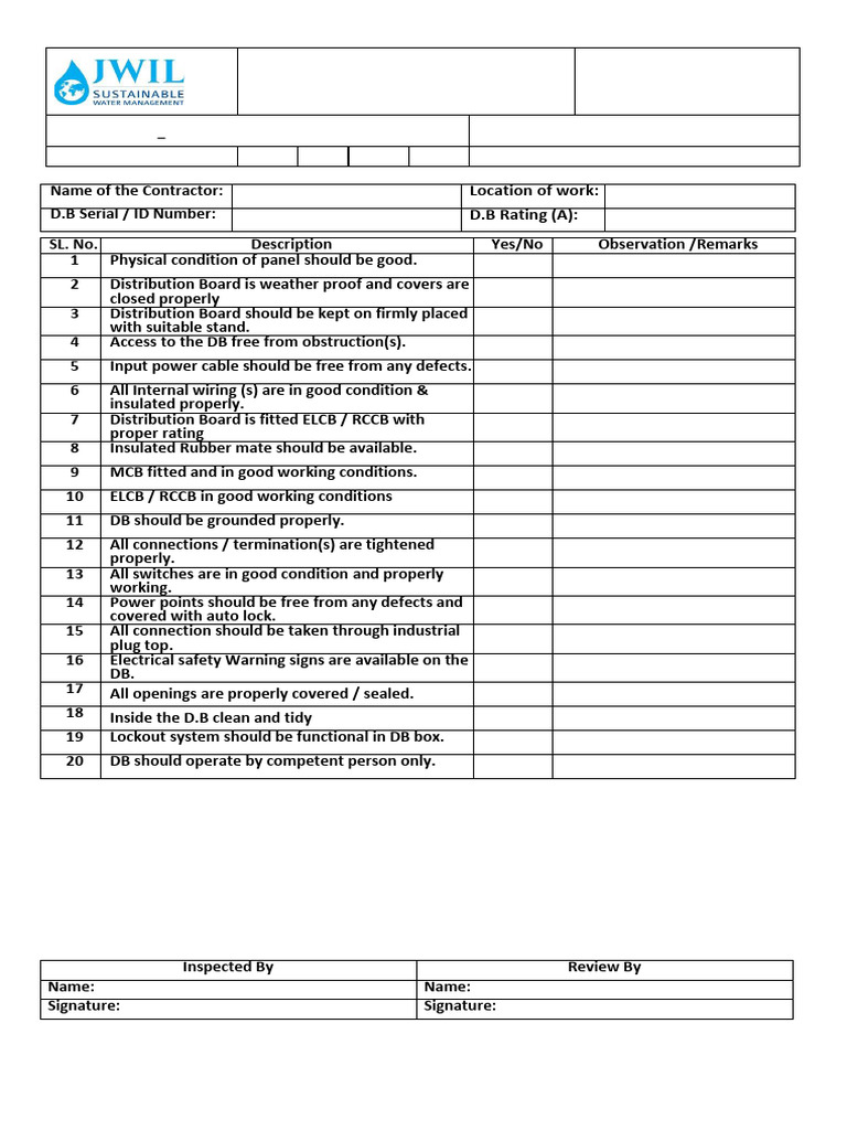 Electrical Distribution Box (DB) Inspection Checklist | PDF