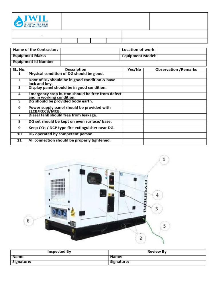 Diesel Generator (DG) Inspection Checklist | PDF