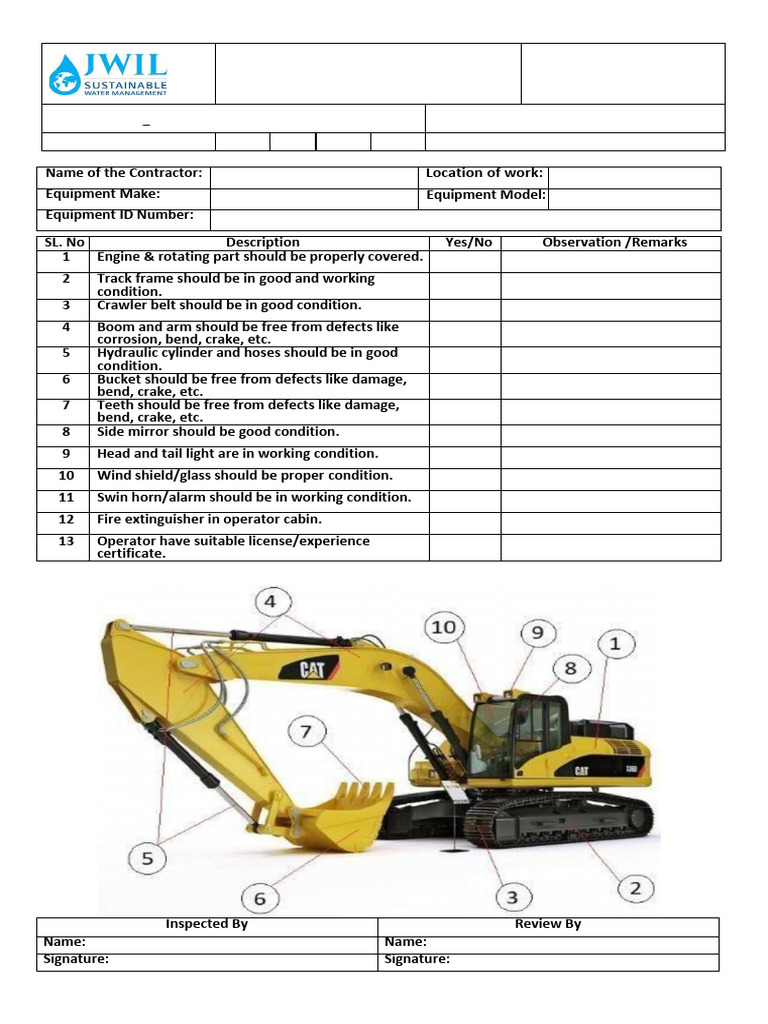 Excavator Inspection Checklist | PDF