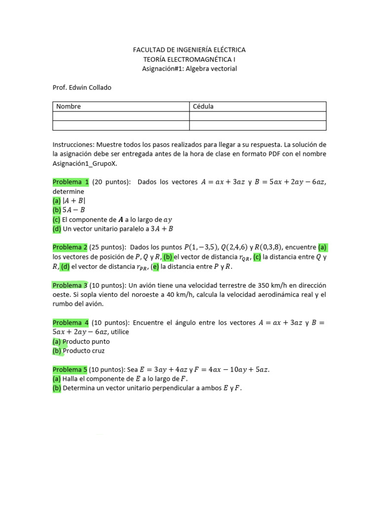 Asignación#1 Algebra Vectorial | PDF
