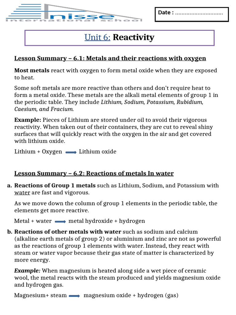 Science CheckPoint 9 Chemistry Unit 6 Lessons 6.1 - 6.6 | PDF ...