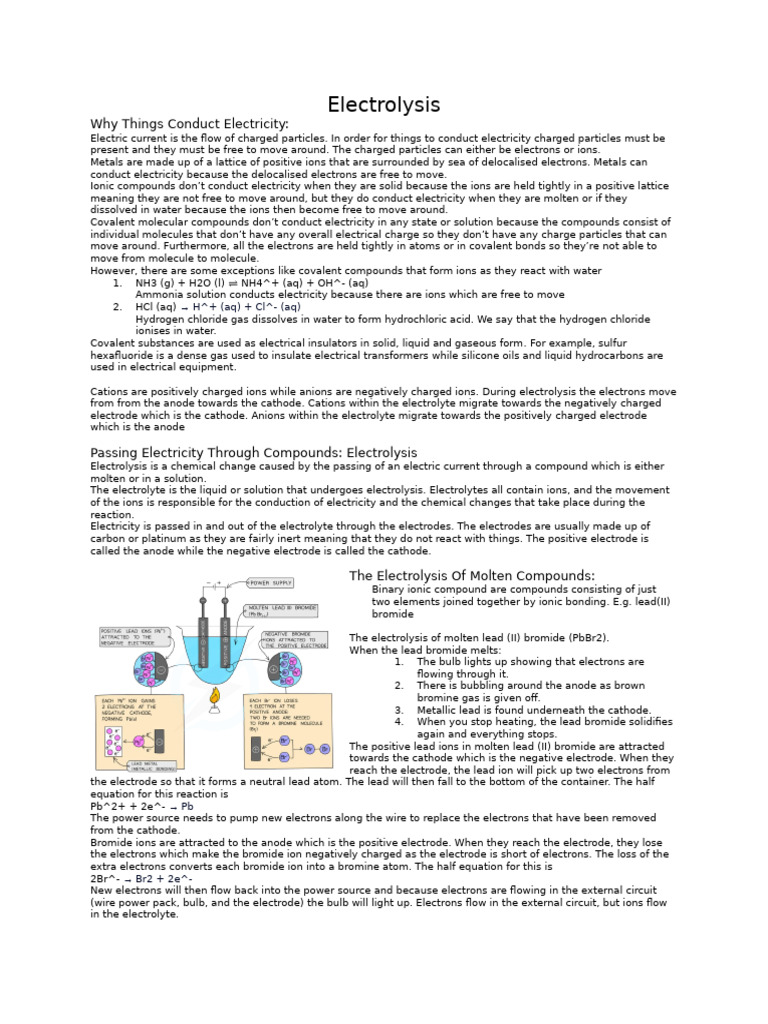 Electrolysis - Chemistry IGCSE Notes | PDF | Ion | Anode