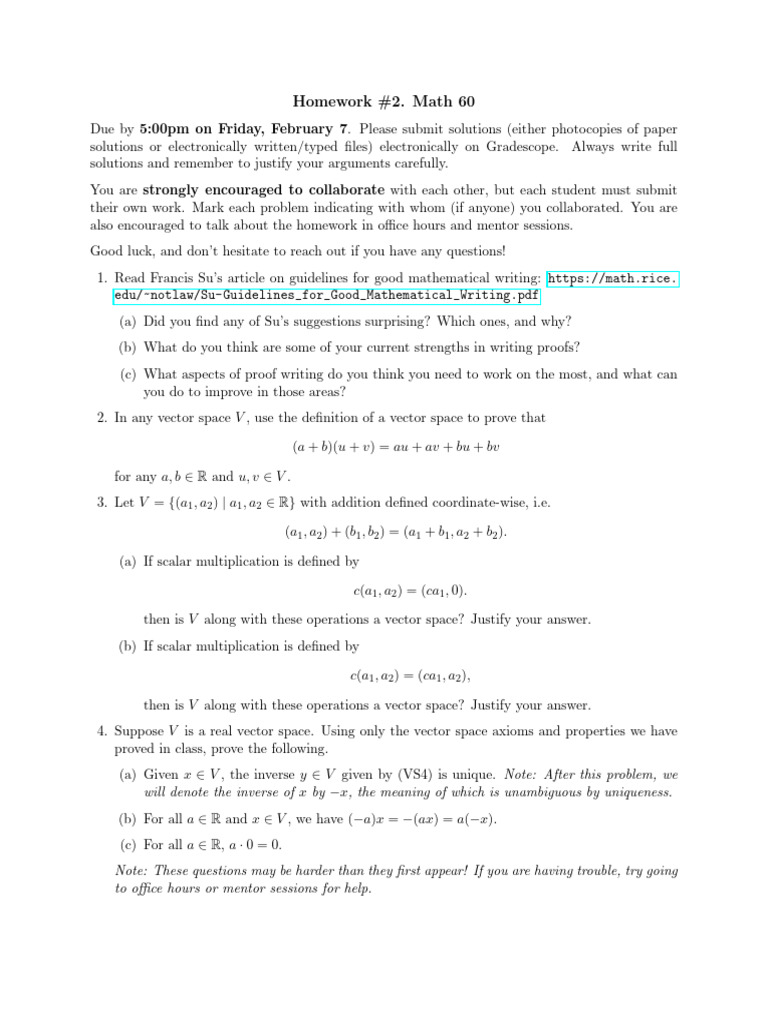 5:00pm On Friday, February 7: Homework #2. Math 60 | PDF | Mathematical Analysis | Geometry
