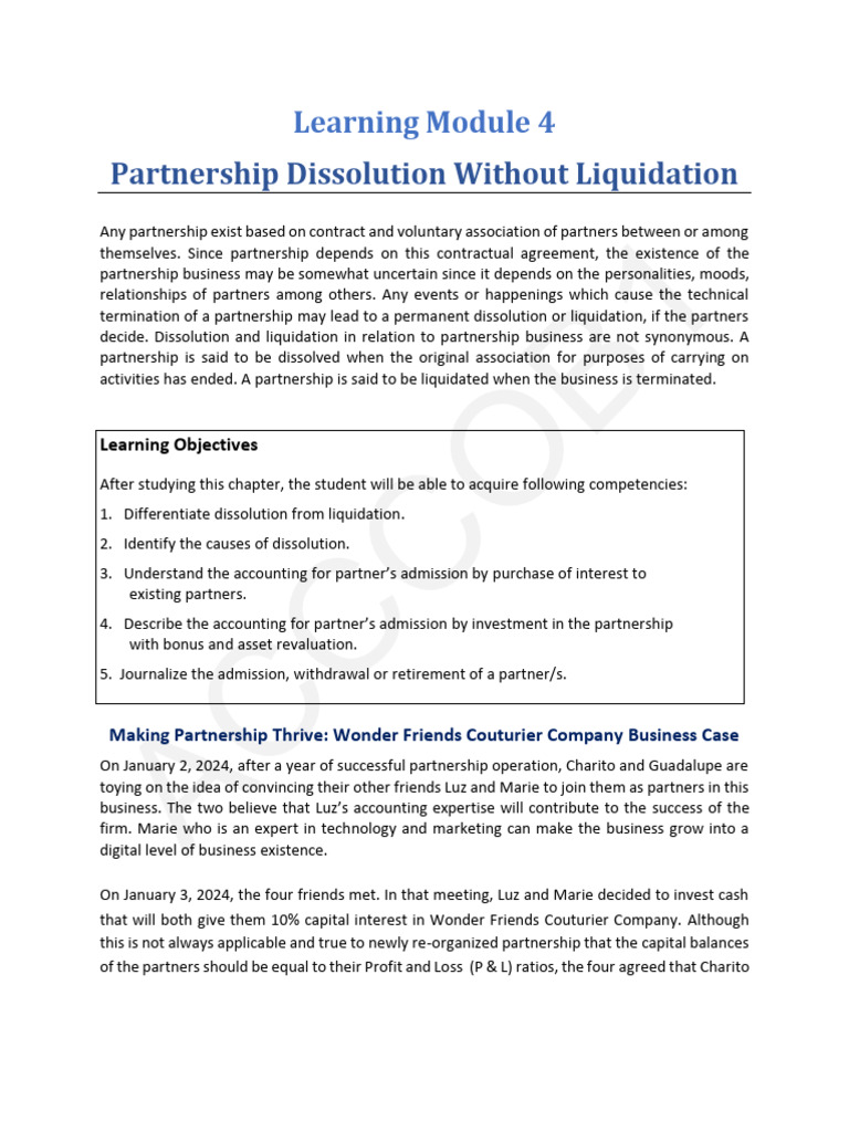 Module 4 Partnership Dissolution Without Liquidation | PDF | Debits And ...