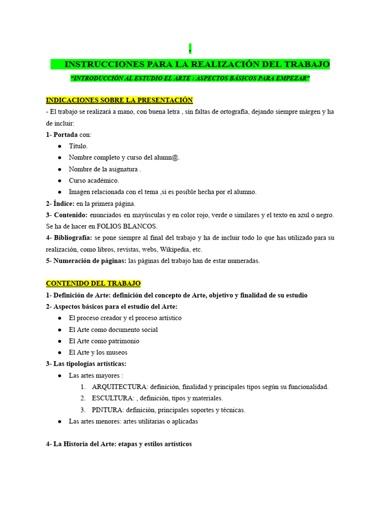 Instrucciones para La Realización Del Trabajo "Introducción Al Estudio El Arte - Aspectos ...