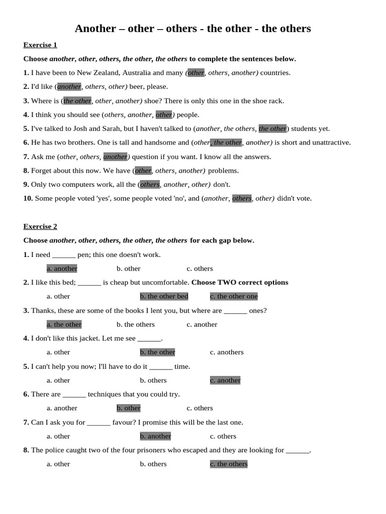 Grammar Exercises: Another vs Other | PDF