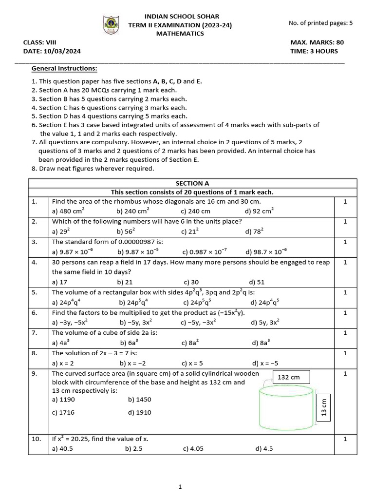 Class Viii Term II Mathematics 2023-24 | PDF | Area | Factorization