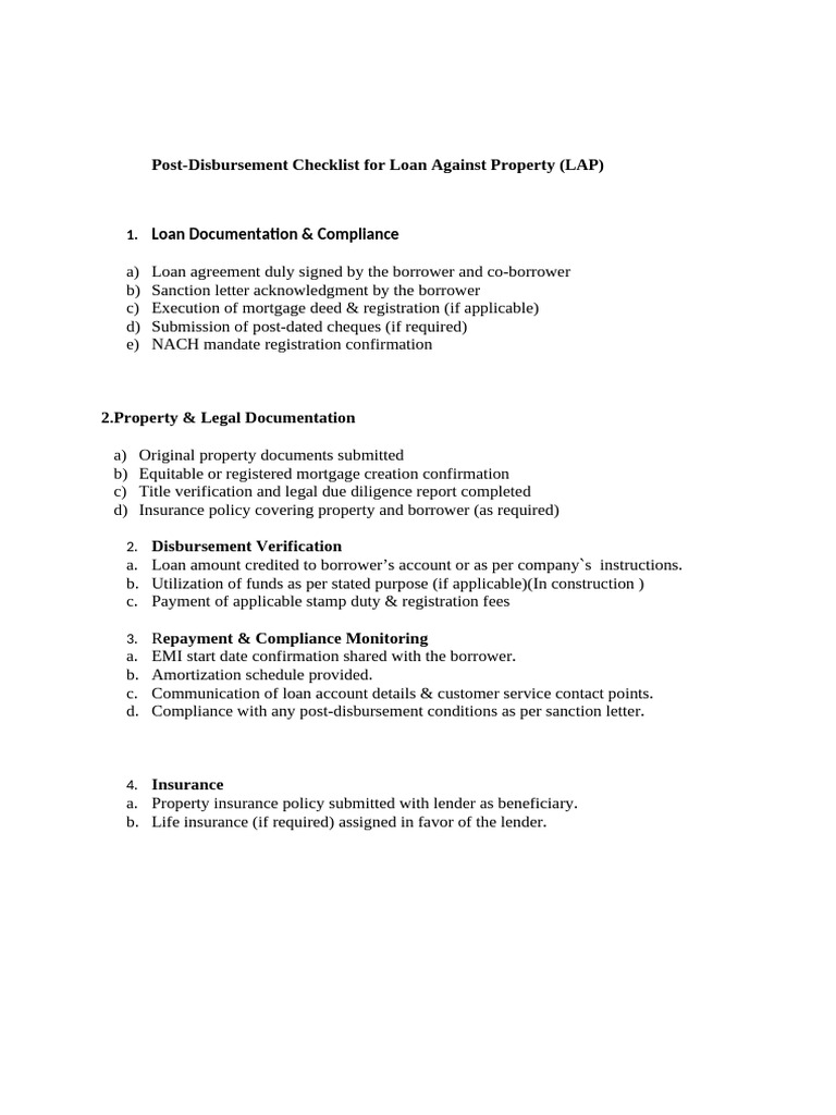Post-Disbursement Checklist For Loan Against Property (LAP) | PDF