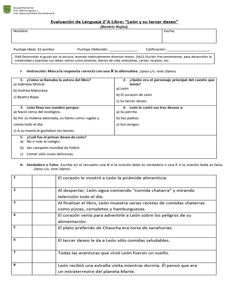 Evaluacion de Lectura Complementaria León y Su Tercer Deseo. | PDF