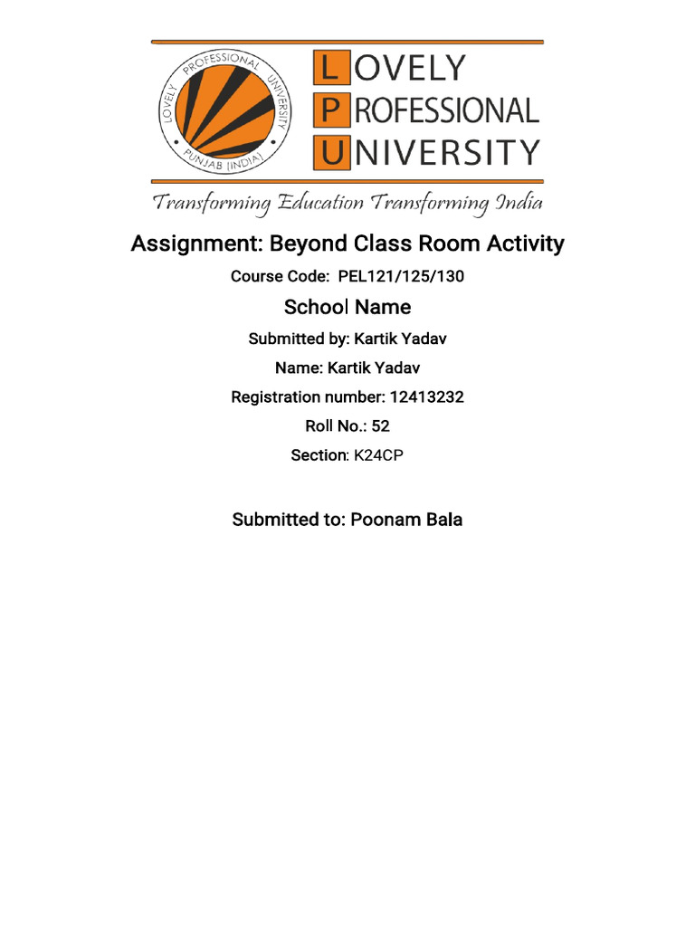 Beyond Class Room Activity Assignment Front Page Sample PEL121 | PDF
