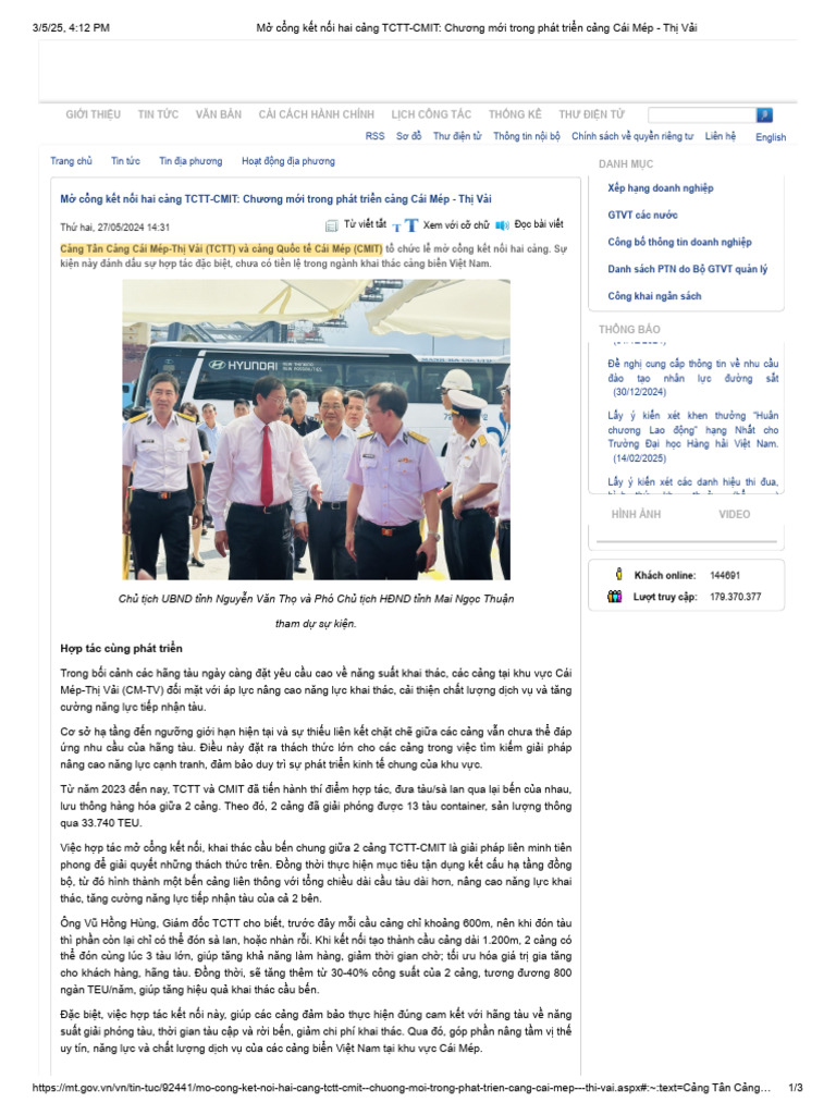 Mở cổng kết nối hai cảng TCTT-CMIT - Chương mới trong phát triển cảng Cái Mép - Thị Vải | PDF
