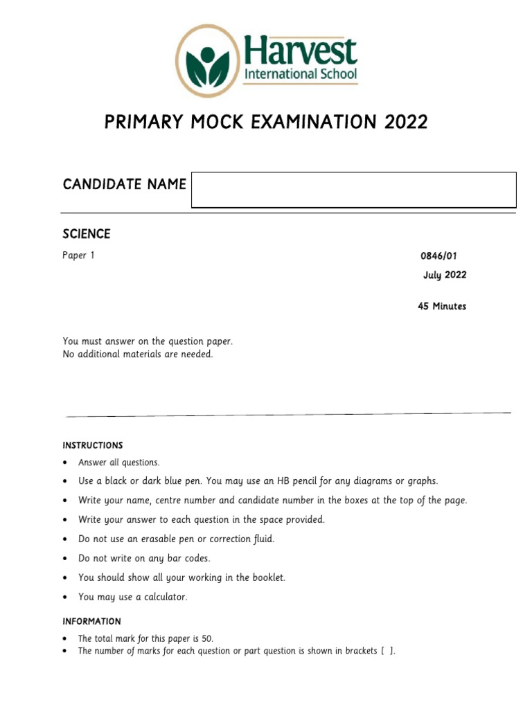 2022 Primary Science Mock Exam Paper | PDF | Force | Experiment