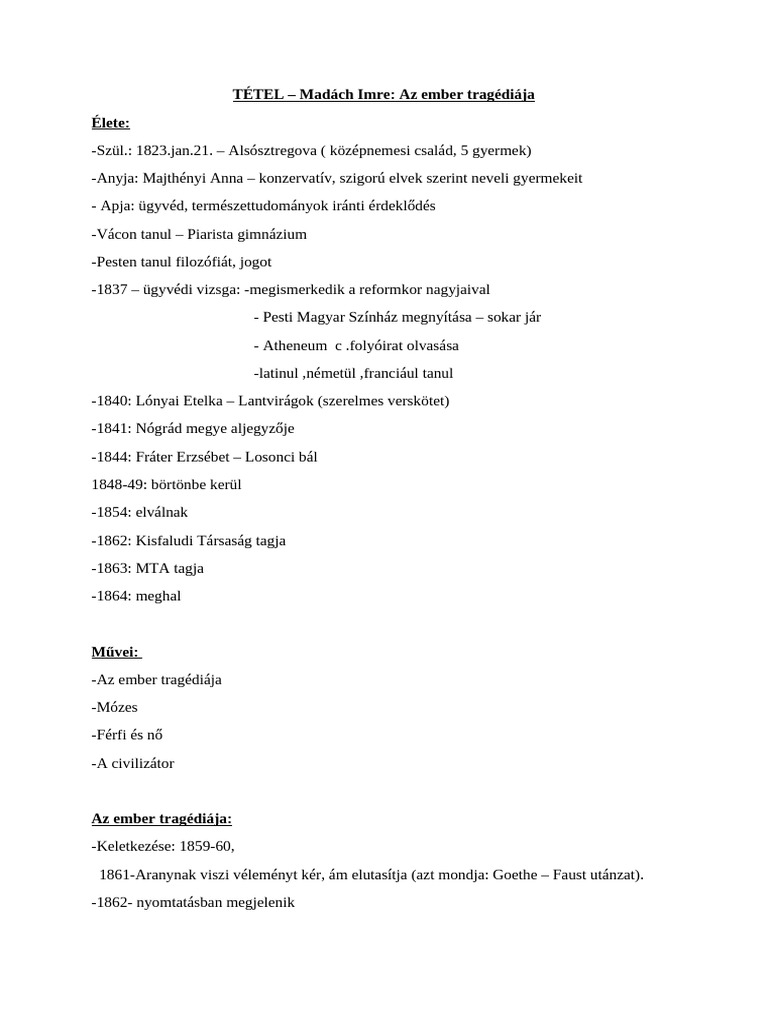 Irodalon Tétel MADÁCH IMRE | PDF