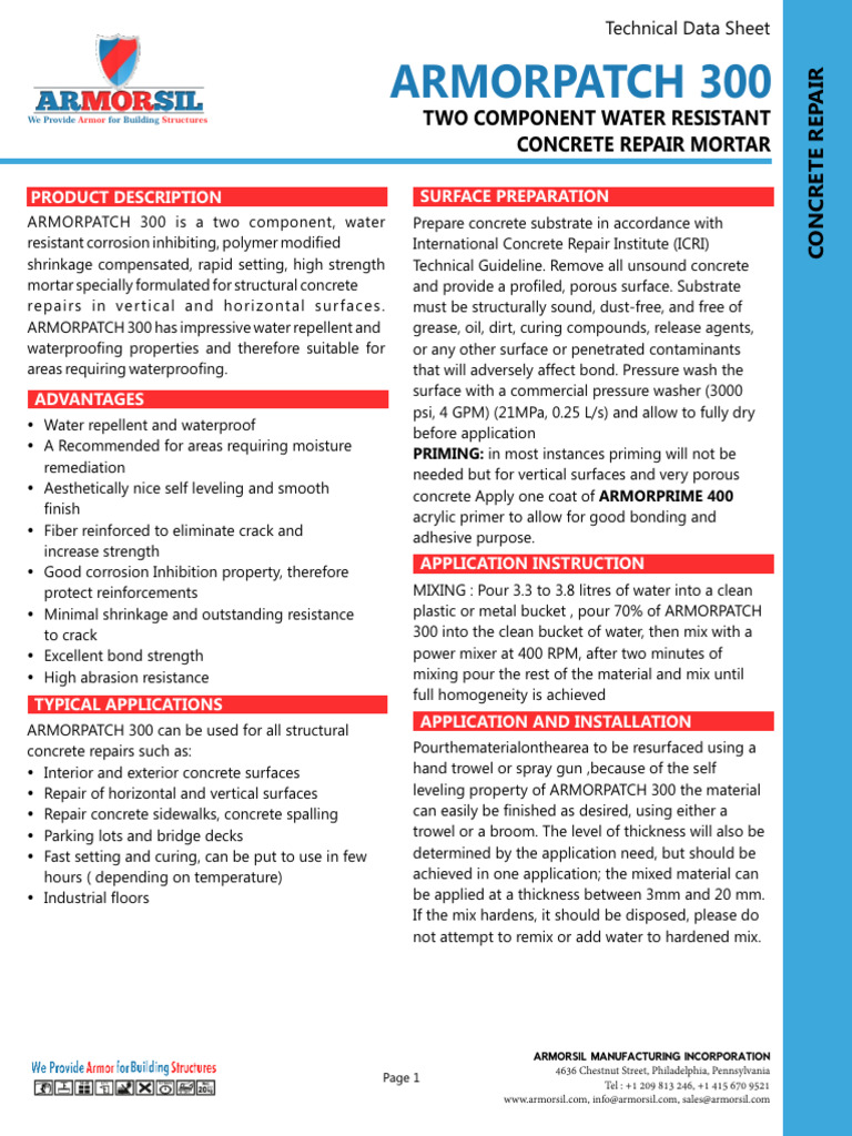 Armorpatch 300 - Data Sheet | PDF | Concrete | Mechanical Engineering
