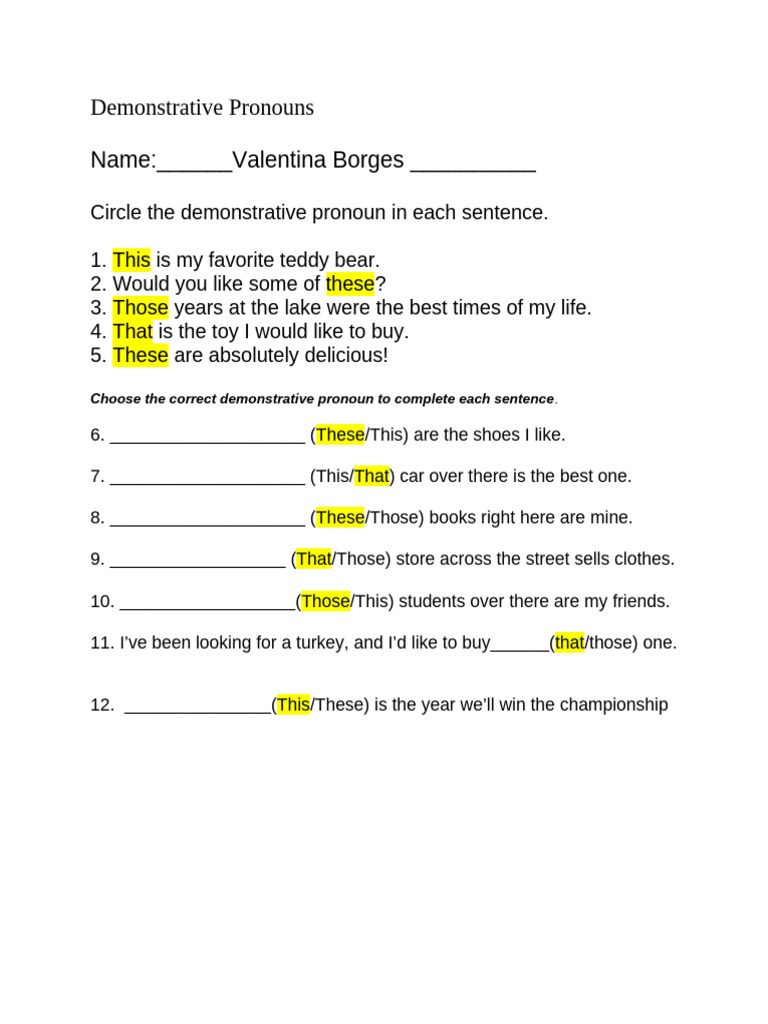 Demonstrative Pronouns Homework.3 | PDF