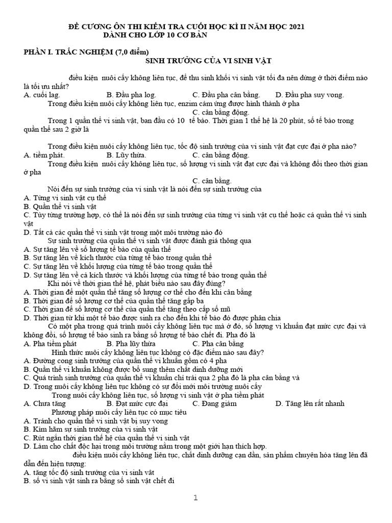 10 cơ bản-ĐỀ CƯƠNG HK2-SINH HỌC 10 | PDF