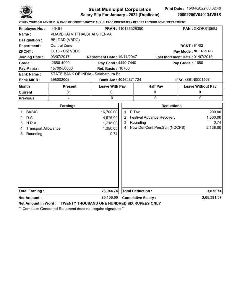SalarySlip JANUARY 2022 43481 | PDF | Taxes | Payments