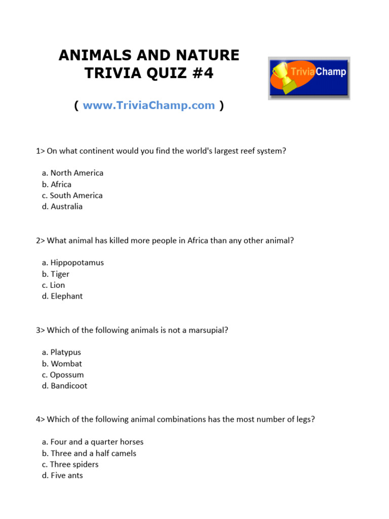 Animals and Nature Trivia Quiz E4 | PDF | Zoology