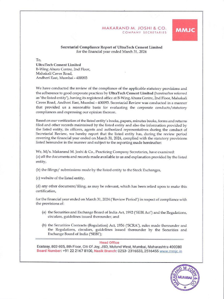 Secretarial Compliance Report 2024 | PDF | Audit | Audit Committee