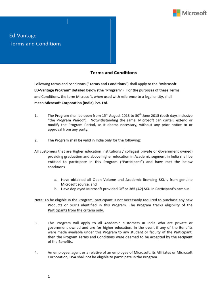 Microsoft ED-Vantage Program Terms | PDF | Microsoft Azure | Mobile App