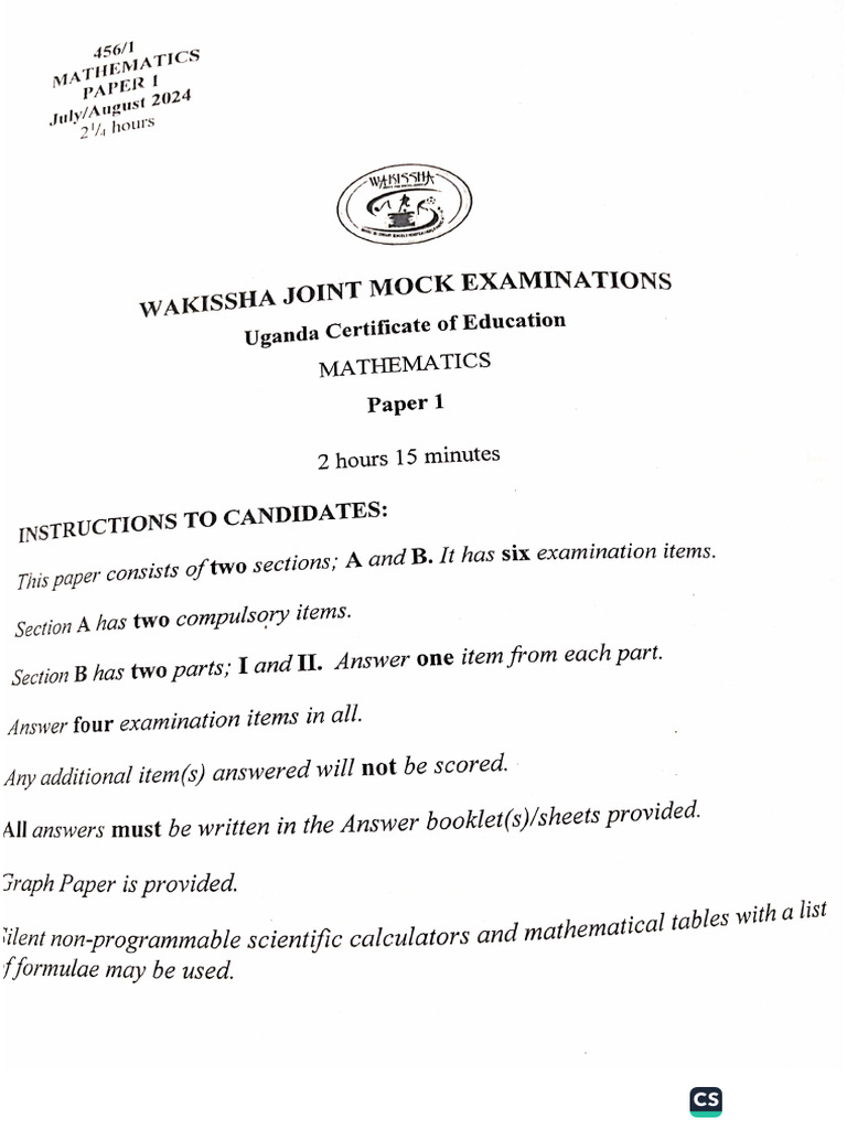 Wakissha Joint Mocks Examinations Uce 4561 Mathematics Past Paper 2024 | PDF