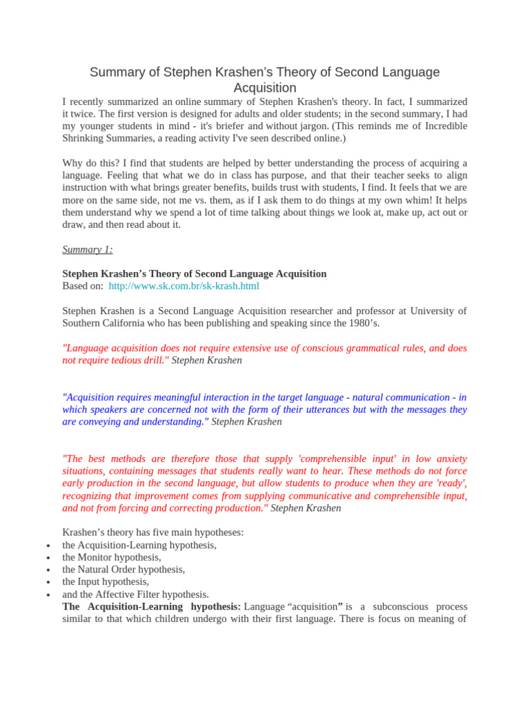 Summary of Stephen Krashen | PDF | Second Language | Language Education
