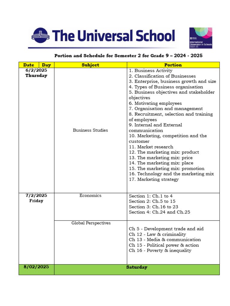 Portion and Schedule For Semester 2 For Grade 9 - 2024 - 2025 Date Day ...