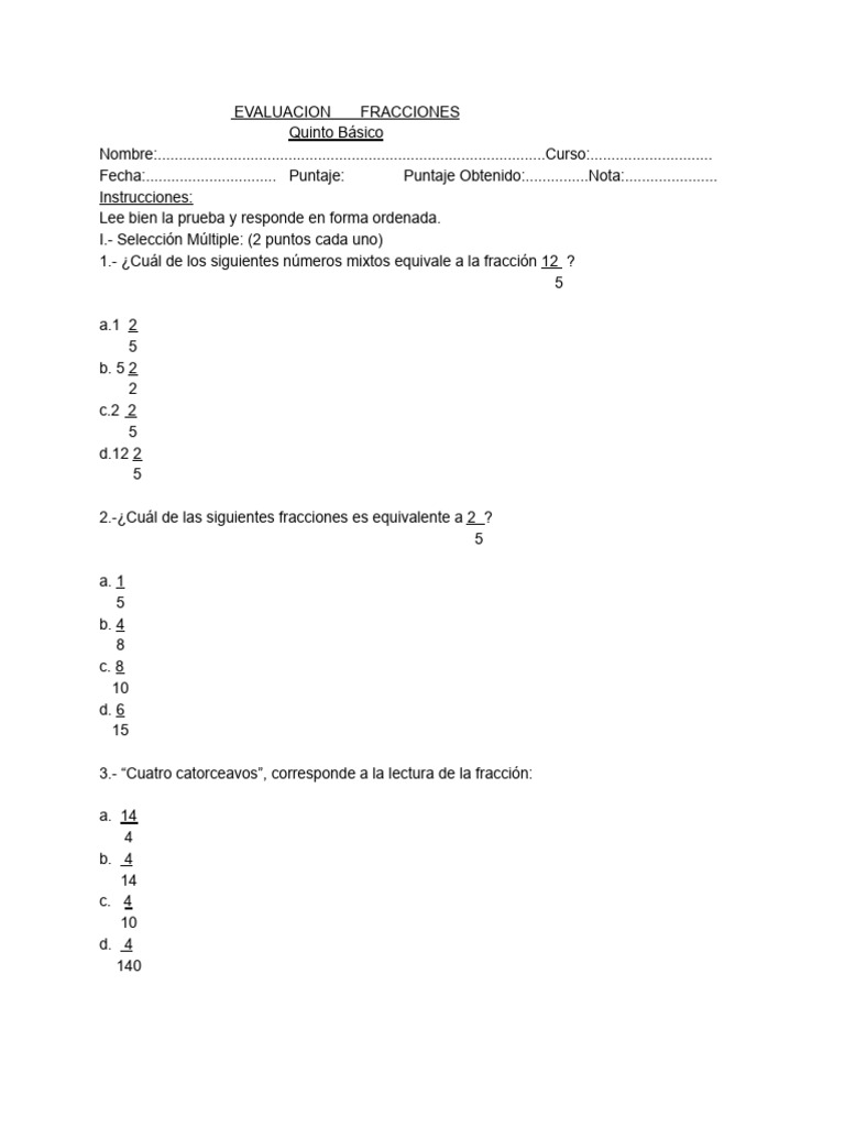 Evaluación de Fracciones Quinto Básico | PDF