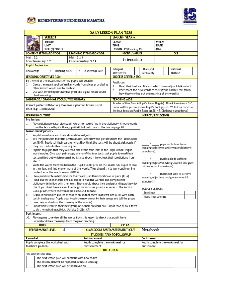 5. Bi y6 Lp Ts25 (Unit 4 - Cool Jobs - Lp 49-64) | PDF | Lesson Plan | Teachers