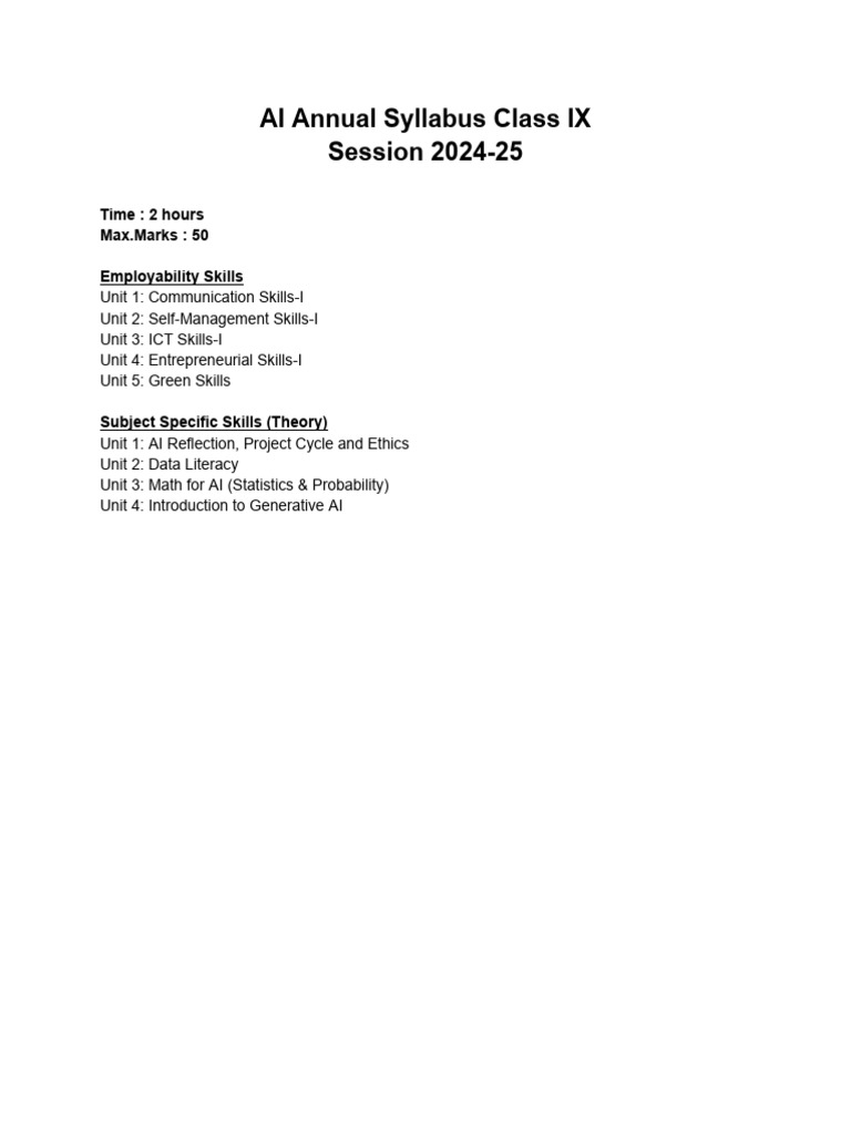 Class 9 AI Syllabus Overview 2024-25 | PDF