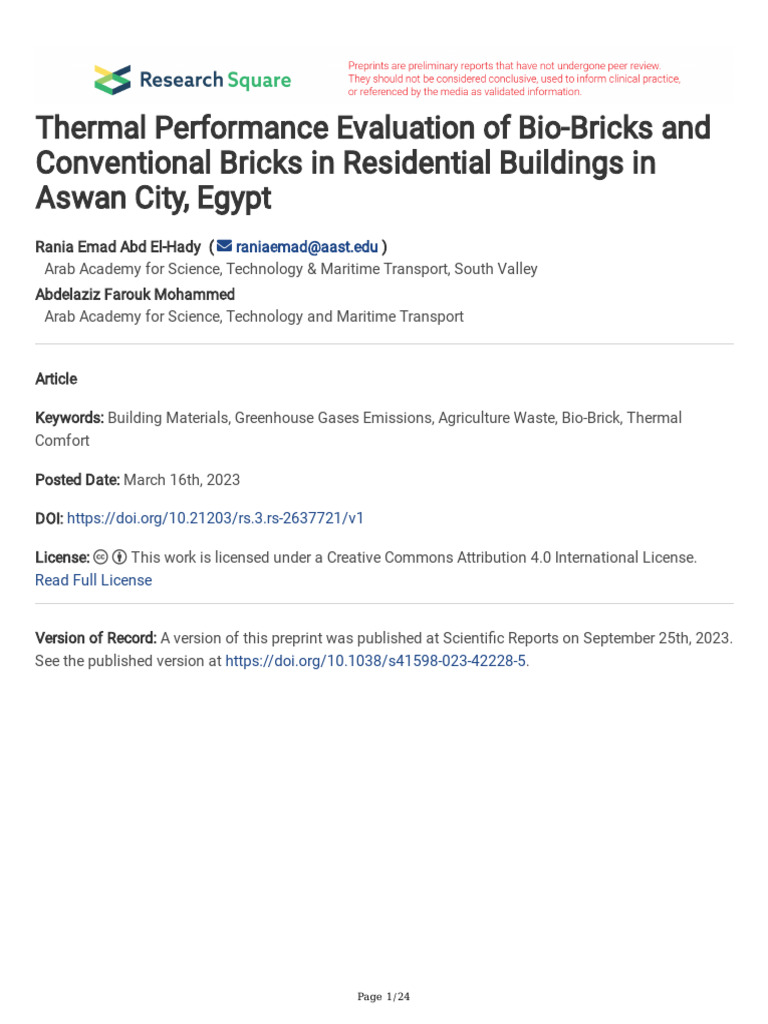 Thermal Performance Evaluation of Bio-Bricks and Conventional Bricks in ...