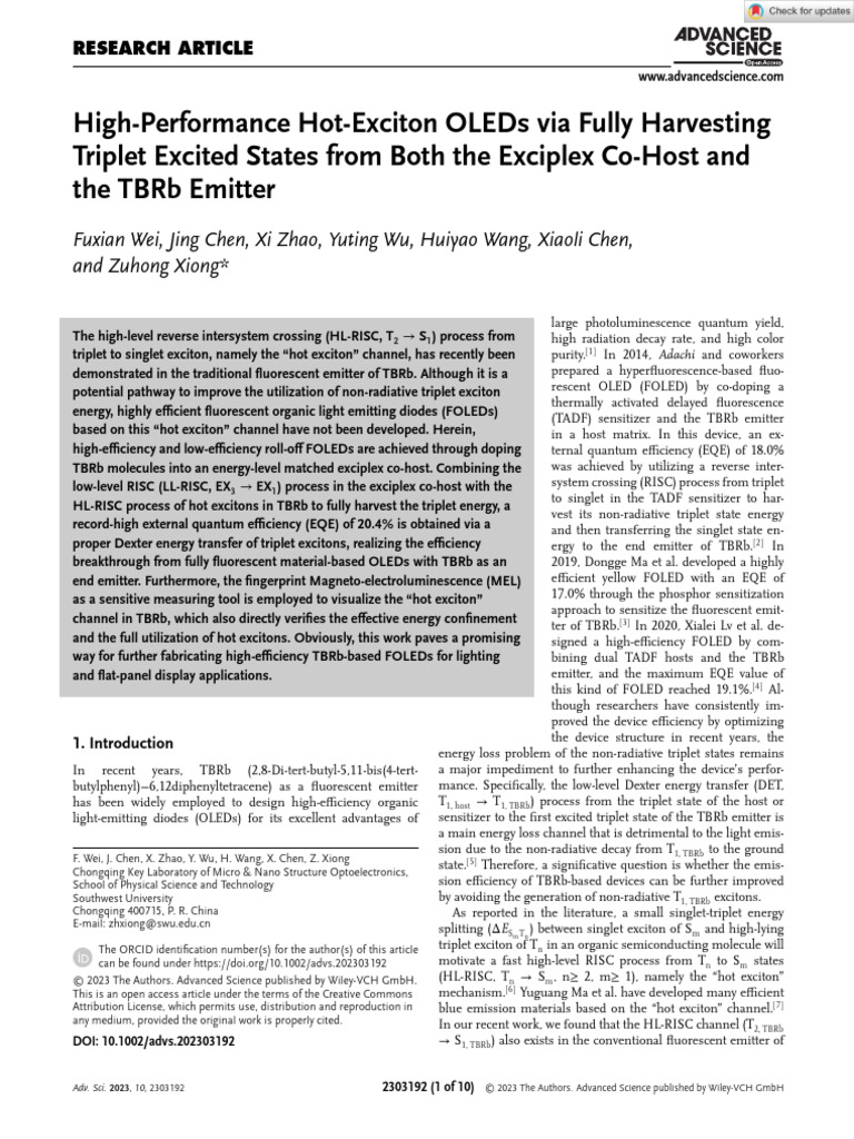 Advanced Science - 2023 - Wei - High Performance Hot Exciton OLEDs Via Fully Harvesting Triplet ...
