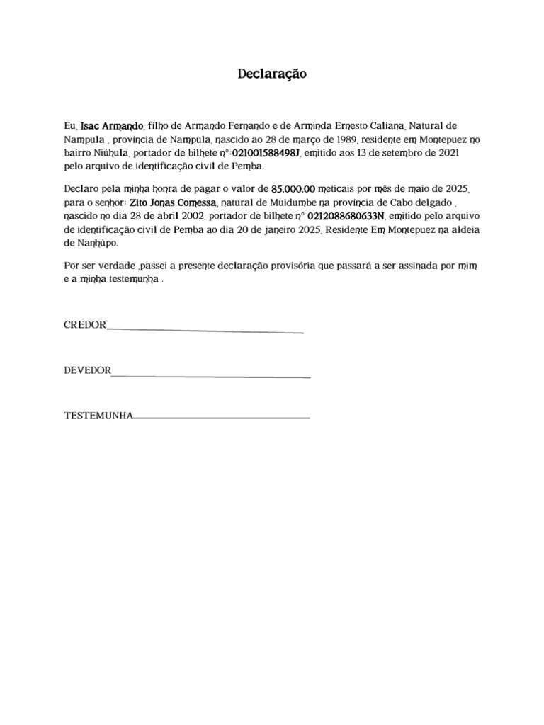 Declaração de Pagamento entre Partes | PDF