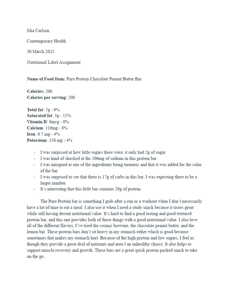 Nutrition Label Assignment - Mia Carlson | PDF