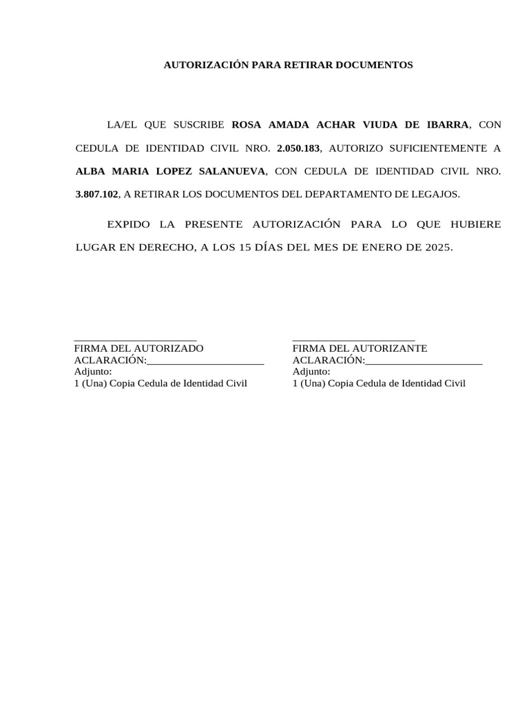 Autorización Para Retirar Documentos | PDF