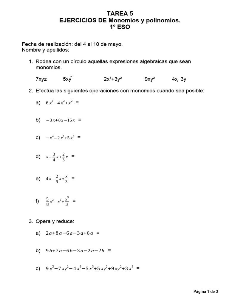 Monomios y Polinomios EJERCICIOS | PDF