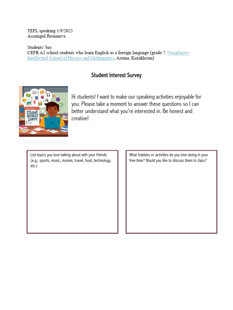 TEFL Student Interest Survey for Speaking | PDF