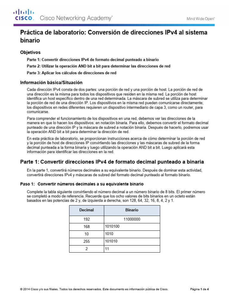 8.1.2.8 Lab - Converting IPv4 Addresses To Binary | PDF | Dirección IP | Poco