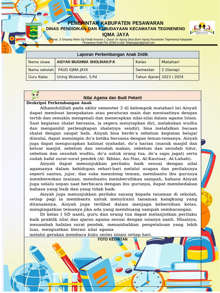 Laporan Perkembangan Aisyah PAUD 2024 | PDF