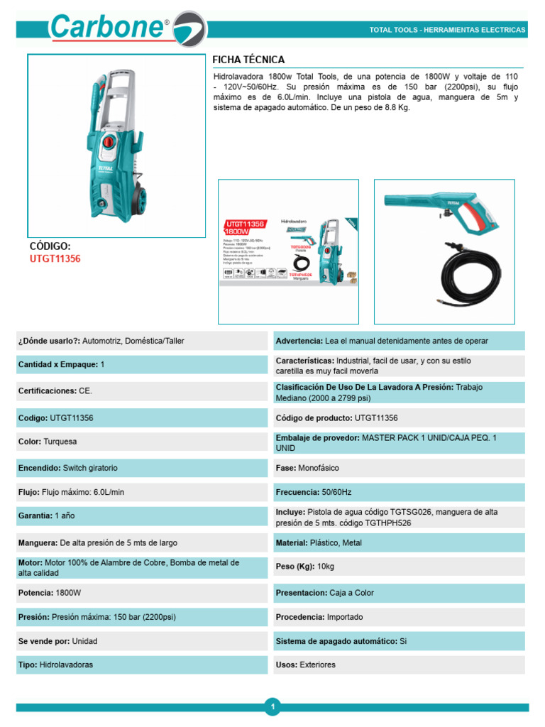 Hidrolavadora Total 1800W: Ficha Técnica | PDF | Electricidad ...