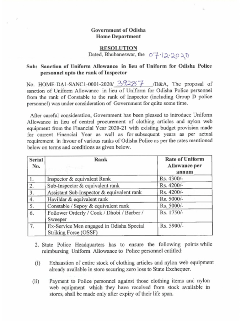 Home Department Resolution No 39827 Dated 07122020 - Uniform Allowance in Lieu of Uniform | PDF