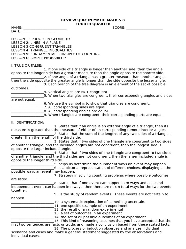 Math 8 Review Quiz: Geometry & Probability | PDF | Triangle | Mathematics