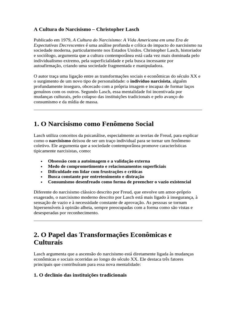A Cultura do Narcisismo de Lasch | PDF | Narcisismo | Economia