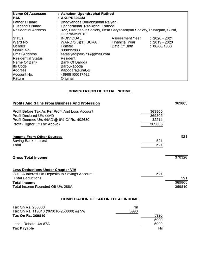 (Ashaben U. Rathod) (Itr.2020-21) | PDF | Taxes | Wealth