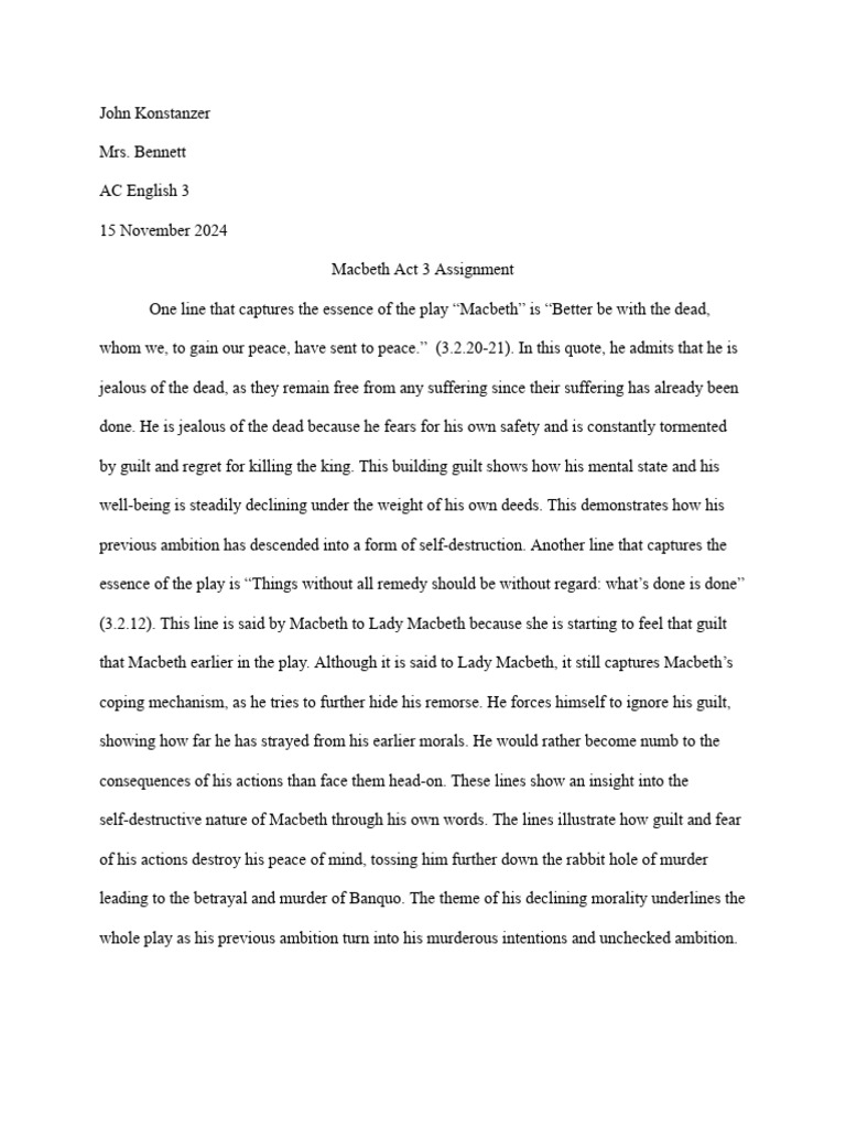 Macbeth Act 3 Guilt and Ambition Analysis | PDF